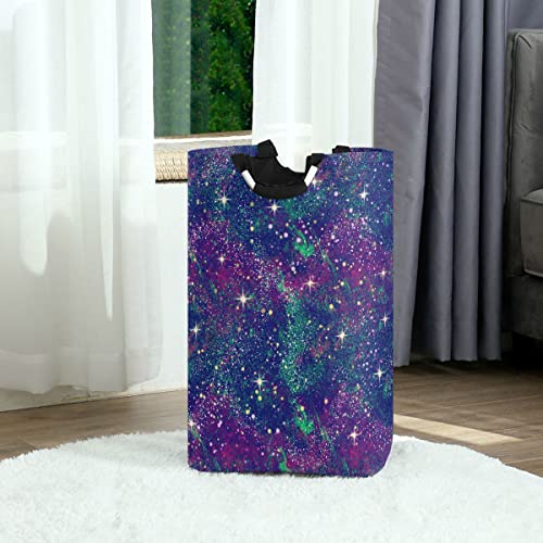 Exnundod Galaxy Night Cosmos Laundry Basket Glitter Stars Large Laundry Hamper Folding Clothes Bag with Handle Oxford Clothes Washing Bin 22.7 Inch