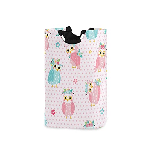 Exnundod Cute Flower Owls Laundry Basket Cartoon Style Large Laundry Hamper Folding Clothes Bag with Handle Oxford Clothes Washing Bin 22.7 Inch