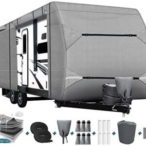 Toy Hauler 27'-30' Travel Trailer RV Cover, UV Protection Camper Covers 8 Layers Top Waterproof Windproof Moving Trailer Motorhome Cover Universial Fit with 6 Gutter Spout Covers 1 Storage Bag