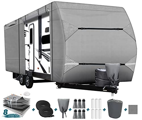 Toy Hauler 27'-30' Travel Trailer RV Cover, UV Protection Camper Covers 8 Layers Top Waterproof Windproof Moving Trailer Motorhome Cover Universial Fit with 6 Gutter Spout Covers 1 Storage Bag