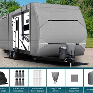 Toy Hauler 27'-30' Travel Trailer RV Cover, UV Protection Camper Covers 8 Layers Top Waterproof Windproof Moving Trailer Motorhome Cover Universial Fit with 6 Gutter Spout Covers 1 Storage Bag