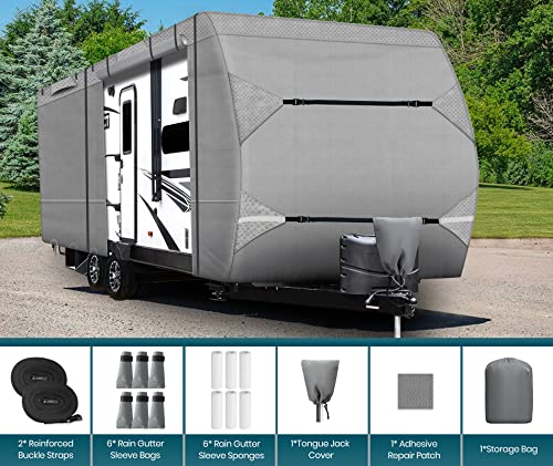 Toy Hauler 27'-30' Travel Trailer RV Cover, UV Protection Camper Covers 8 Layers Top Waterproof Windproof Moving Trailer Motorhome Cover Universial Fit with 6 Gutter Spout Covers 1 Storage Bag