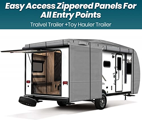 Toy Hauler 27'-30' Travel Trailer RV Cover, UV Protection Camper Covers 8 Layers Top Waterproof Windproof Moving Trailer Motorhome Cover Universial Fit with 6 Gutter Spout Covers 1 Storage Bag