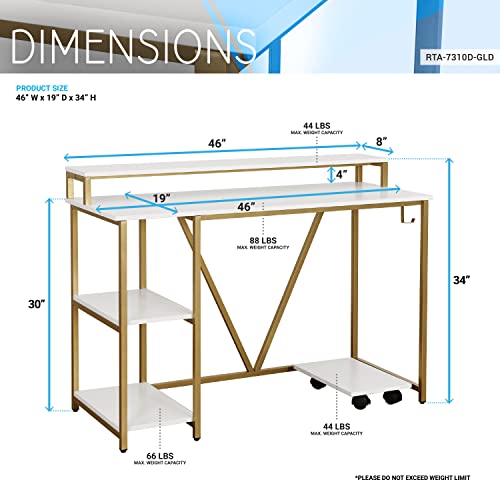 Techni Mobili Computer Desk - Industrial Writing Desk with Storage Shelves, Monitor Stand, & Accessory Holder - Home Office Laptop Computer Table with CPU Caddy & 2-Tier Small Bookshelf Space