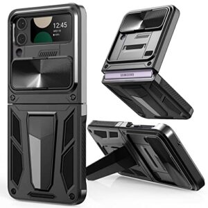 casestar military armor series case for samsung galaxy z flip 4 / z flip 3，build-in kickstand & camera protection sliding cover - (metallic black)