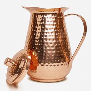 artisan’s anvil copper pitcher w/copper handle and lid, pure 100% hammered vessel, heavy duty copper jug, handmade, 70 fl. oz, best for water, ayurveda, moscow mule, cocktails