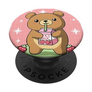 kawaii teddy bear drinking strawberry milk japanese popsockets standard popgrip