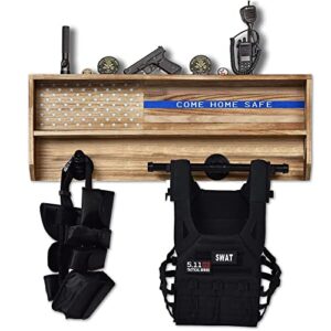 pinkblue personalized customization wall mounted tactical duty gear rack with police flag – police storage shelf & law enforcement organizer-police gift decor, wood color-with storage layer