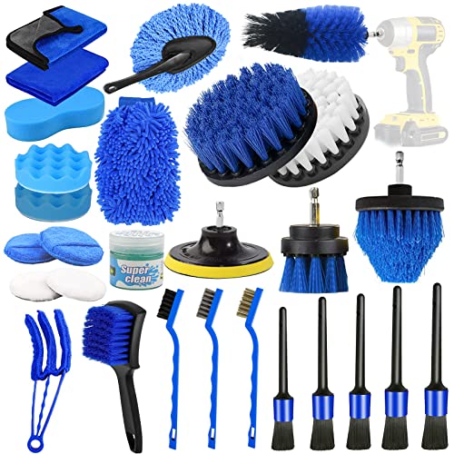 Car Detailing Brushes kit,28Pcs Car Cleaning Drill Brush Set with Detailing Brushes and Microfiber Wash Mitt, Buffing Polishing Sponge Pads,Auto Cleaning Tools Kit for Interior&Exterior, Tire, Wheels