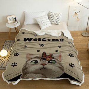 erxpood sherpa fleece throw blanket cartoon cute cat with butterfly fuzzy flannel soft throws, microfiber plush warm blankets for bed sofa couch black paw welcome texts 50x80in