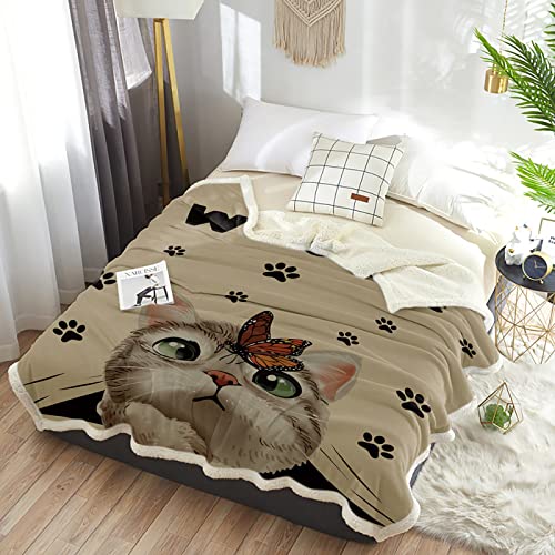 ERXPOOD Sherpa Fleece Throw Blanket Cartoon Cute Cat with Butterfly Fuzzy Flannel Soft Throws, Microfiber Plush Warm Blankets for Bed Sofa Couch Black Paw Welcome Texts 50x80In