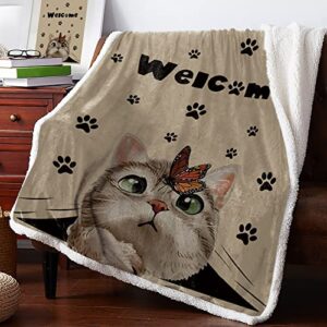 ERXPOOD Sherpa Fleece Throw Blanket Cartoon Cute Cat with Butterfly Fuzzy Flannel Soft Throws, Microfiber Plush Warm Blankets for Bed Sofa Couch Black Paw Welcome Texts 50x80In