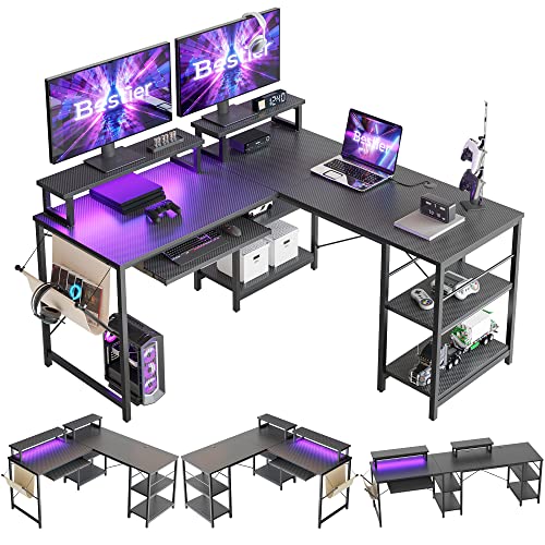 Bestier L Shaped Gaming Desk with Led Light 59.4 Inch Computer Corner Desk or 2 Person Long Table with Shelves Monitor Stand and Keyboard Tray for Home Office, Carbon Fiber Black