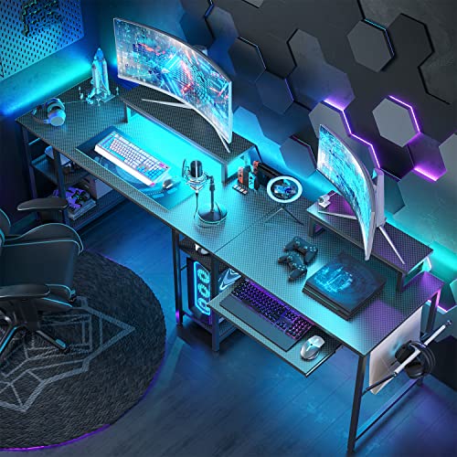 Bestier L Shaped Gaming Desk with Led Light 59.4 Inch Computer Corner Desk or 2 Person Long Table with Shelves Monitor Stand and Keyboard Tray for Home Office, Carbon Fiber Black