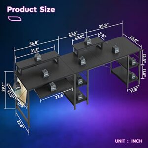 Bestier L Shaped Gaming Desk with Led Light 59.4 Inch Computer Corner Desk or 2 Person Long Table with Shelves Monitor Stand and Keyboard Tray for Home Office, Carbon Fiber Black