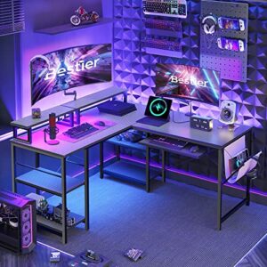 Bestier L Shaped Gaming Desk with Led Light 59.4 Inch Computer Corner Desk or 2 Person Long Table with Shelves Monitor Stand and Keyboard Tray for Home Office, Carbon Fiber Black