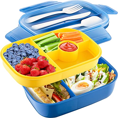 Stackable Bento Box Adult Lunch box- Leakproof Bento Box Lunch Containers for Adult, 64-oz Lunch Box with Utensil Set and Dressing Container, 5 Compartments Large Capacity -Blue Yellow