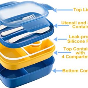 Stackable Bento Box Adult Lunch box- Leakproof Bento Box Lunch Containers for Adult, 64-oz Lunch Box with Utensil Set and Dressing Container, 5 Compartments Large Capacity -Blue Yellow