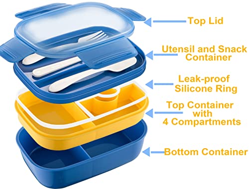 Stackable Bento Box Adult Lunch box- Leakproof Bento Box Lunch Containers for Adult, 64-oz Lunch Box with Utensil Set and Dressing Container, 5 Compartments Large Capacity -Blue Yellow