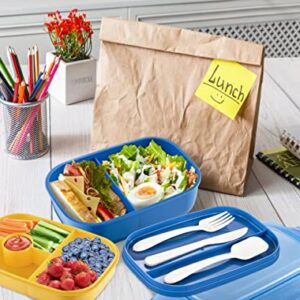 Stackable Bento Box Adult Lunch box- Leakproof Bento Box Lunch Containers for Adult, 64-oz Lunch Box with Utensil Set and Dressing Container, 5 Compartments Large Capacity -Blue Yellow