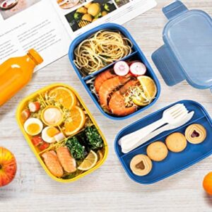 Stackable Bento Box Adult Lunch box- Leakproof Bento Box Lunch Containers for Adult, 64-oz Lunch Box with Utensil Set and Dressing Container, 5 Compartments Large Capacity -Blue Yellow