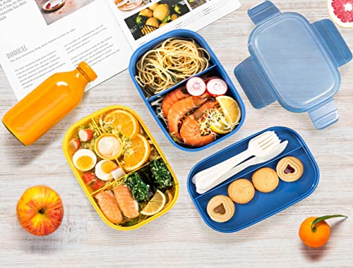 Stackable Bento Box Adult Lunch box- Leakproof Bento Box Lunch Containers for Adult, 64-oz Lunch Box with Utensil Set and Dressing Container, 5 Compartments Large Capacity -Blue Yellow