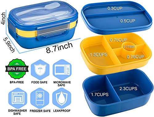 Stackable Bento Box Adult Lunch box- Leakproof Bento Box Lunch Containers for Adult, 64-oz Lunch Box with Utensil Set and Dressing Container, 5 Compartments Large Capacity -Blue Yellow