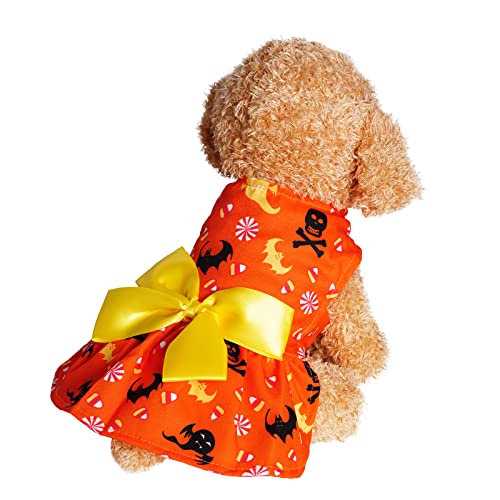 Halloween Dog Costume Pet Dress Puppy Outfits Printed with Skeleton Bat Ghost Bowknot Cat Vest Clothes for Holiday Halloween Costume Cosplay Carnival Photography (X-Small, Orange)