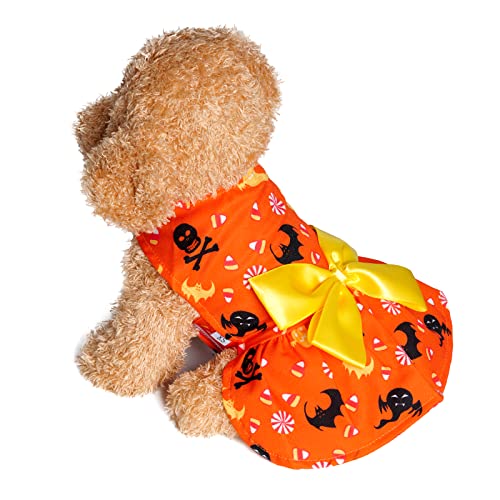 Halloween Dog Costume Pet Dress Puppy Outfits Printed with Skeleton Bat Ghost Bowknot Cat Vest Clothes for Holiday Halloween Costume Cosplay Carnival Photography (X-Small, Orange)