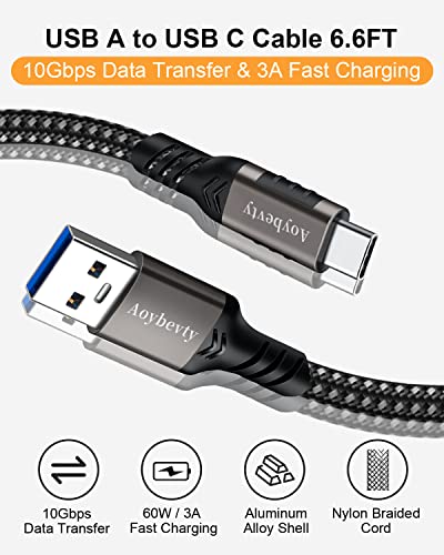 USB A to USB C Cable 6.6ft, 10Gbps Data Transfer and 60W 3A Fast Charging Cable, USB C 3.1/3.2 Cable for Android Auto Samsung S21/S20/S10/Note 20, iPad Pro, Sony XZ, LG Other Type-C Devices