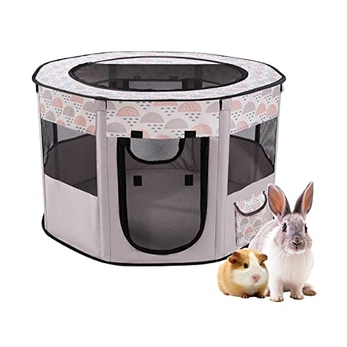 Fhiny Portable Small Animal Playpen, Breathable Rabbit PlayPen with Cover and Mesh Windows Foldable Guinea Pig Cage Tent Indoor Outdoor for Bunny Ferret Chinchilla Kitten Puppy (Grey)