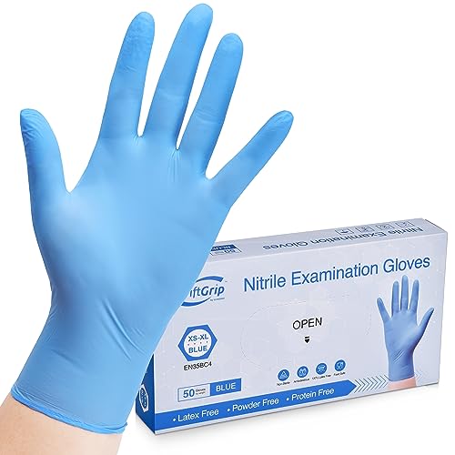 SwiftGrip Disposable Nitrile Exam Gloves, 3-mil, Blue, Nitrile Gloves Disposable Latex Free, Medical Gloves, Cleaning Gloves, Food-Safe Rubber Gloves, Powder Free, Non-Sterile, 50-ct Box (Medium)