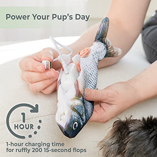 Floppy Fish Dog Toy - Interactive Dog Toy with Moving Tail + EXTRA SKIN | USB Charged Flopping Fish Toy for Dogs up to 30lb | Small Dog Toys Interactive for Excercise & IQ | Machine-Washable Cover