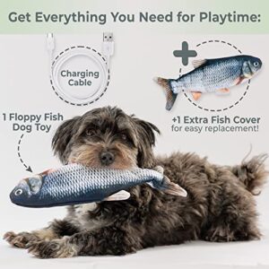 Floppy Fish Dog Toy - Interactive Dog Toy with Moving Tail + EXTRA SKIN | USB Charged Flopping Fish Toy for Dogs up to 30lb | Small Dog Toys Interactive for Excercise & IQ | Machine-Washable Cover