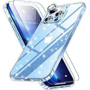 SPIDERCASE [3 in 1 Designed for iPhone 13 Pro Max Case, [Crystal Clear Not Yellowing][with 2 Pcs Tempered Glass Screen Protectors & 1 Set Camera Lens Protectors] Slim Thin Case (Glitter Clear)