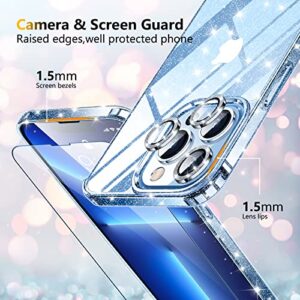 SPIDERCASE [3 in 1 Designed for iPhone 13 Pro Max Case, [Crystal Clear Not Yellowing][with 2 Pcs Tempered Glass Screen Protectors & 1 Set Camera Lens Protectors] Slim Thin Case (Glitter Clear)