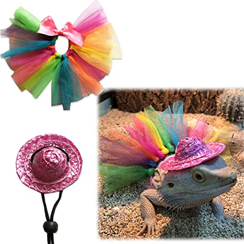 Lizard Clothes for Bearded Dragon - Adjustable Layered Rainbow Tutu Skirt and Hat Set Halloween Costume Photo Cosplay Party Dress Up Gift for Reptile Lizard Crested Gecko Chameleon (Rainbow)