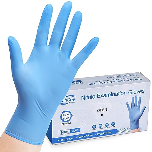 SwiftGrip Disposable Nitrile Exam Gloves, 3-mil, Blue, Nitrile Gloves Disposable Latex Free, Medical Gloves, Cleaning Gloves, Food-Safe Rubber Gloves, Powder Free, Non-Sterile, 100-ct Box (Medium)