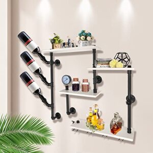 rocomoco wall bar shelves industrial pipe shelving with 4 stem glass holder, 4-tiers wine rack wall mounted 42 inch rustic floating bar shelves wine shelf hanging wood shelves glass rack for room