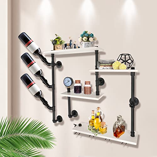 Rocomoco Wall Bar Shelves Industrial Pipe Shelving with 4 Stem Glass Holder, 4-Tiers Wine Rack Wall Mounted 42 Inch Rustic Floating Bar Shelves Wine Shelf Hanging Wood Shelves Glass Rack for Room