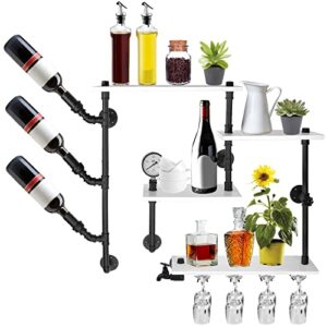 Rocomoco Wall Bar Shelves Industrial Pipe Shelving with 4 Stem Glass Holder, 4-Tiers Wine Rack Wall Mounted 42 Inch Rustic Floating Bar Shelves Wine Shelf Hanging Wood Shelves Glass Rack for Room