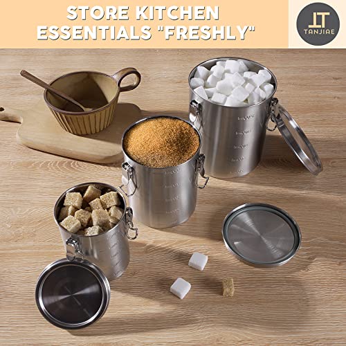 Tanjiae Compact Stainless Steel 100% Airtight Canisters Sets for Small Kitchens | Metal Food Storage Containers with Lids Sealed - Keep Flour, Sugar, Coffee, Tea Fresh for Months (18+35+56 fl oz)