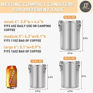 Tanjiae Compact Stainless Steel 100% Airtight Canisters Sets for Small Kitchens | Metal Food Storage Containers with Lids Sealed - Keep Flour, Sugar, Coffee, Tea Fresh for Months (18+35+56 fl oz)