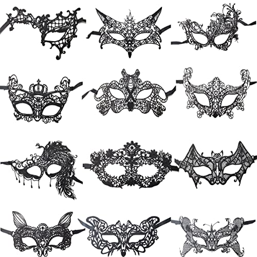 TIHOOD 12PCS Lace Mask Masquerade Venetian Eyemask Halloween Sexy Woman Lace Mask for Halloween Masquerade Carnival Party Costume Ball