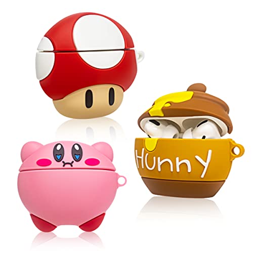 [3 Pack]Cute Airpods Pro Case, Honey Pot+Kirby+Mushroom Apple Air Pods Pro Silicone Accessories Cover, 3D Funny Drink Cartoon Character Design Airpods Pro Charging Skin for Boys Girls Women Kids Teens