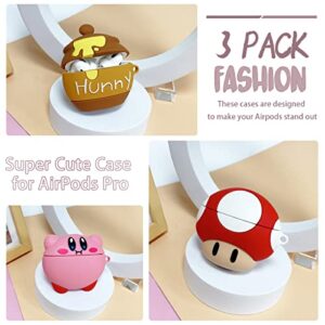 [3 Pack]Cute Airpods Pro Case, Honey Pot+Kirby+Mushroom Apple Air Pods Pro Silicone Accessories Cover, 3D Funny Drink Cartoon Character Design Airpods Pro Charging Skin for Boys Girls Women Kids Teens