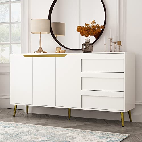 ECACAD Modern Sideboard Buffet Storage Cabinet with 3 Drawers & 3 Doors, Kitchen Cupboard Console Cabinet with Metal Legs for Living Room, Entryway, White (63”L x 15.6”W x 33.4”H)