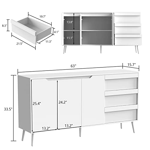 ECACAD Modern Sideboard Buffet Storage Cabinet with 3 Drawers & 3 Doors, Kitchen Cupboard Console Cabinet with Metal Legs for Living Room, Entryway, White (63”L x 15.6”W x 33.4”H)