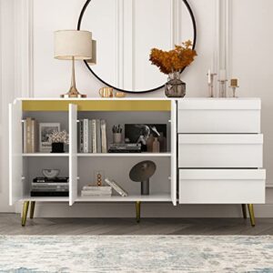 ECACAD Modern Sideboard Buffet Storage Cabinet with 3 Drawers & 3 Doors, Kitchen Cupboard Console Cabinet with Metal Legs for Living Room, Entryway, White (63”L x 15.6”W x 33.4”H)