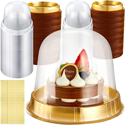 Mimorou 200 Pcs Individual Cupcake Boxes Clear Plastic Cupcake Containers Disposable Single Cupcake Holder with Lid Gold Tall